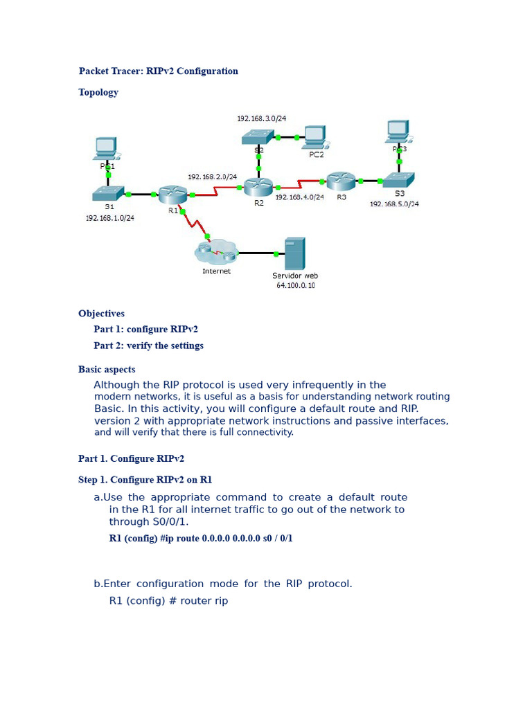 Packet Tracer: Ripv2 Configuration Topology: Version 2 With Appropriate ...