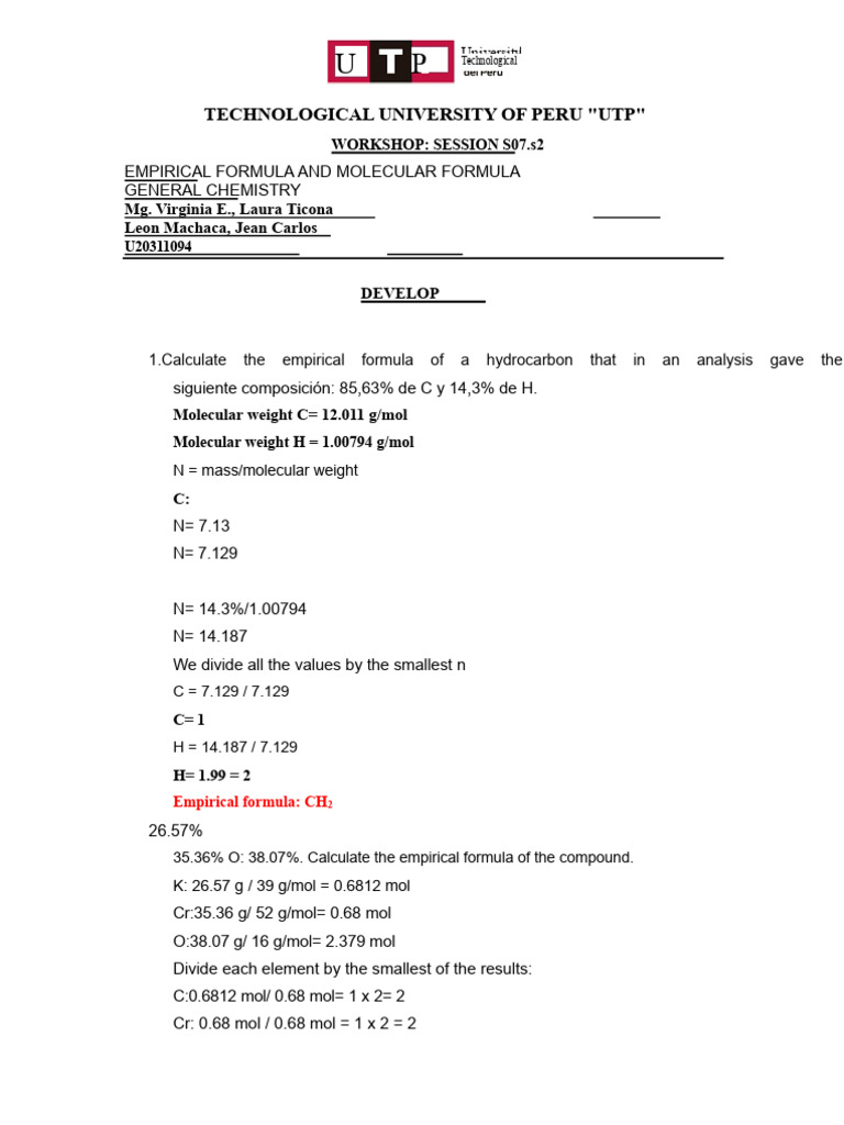 S07.s2 - Task Empirical Formula and Molecular Formula | PDF | Mole ...