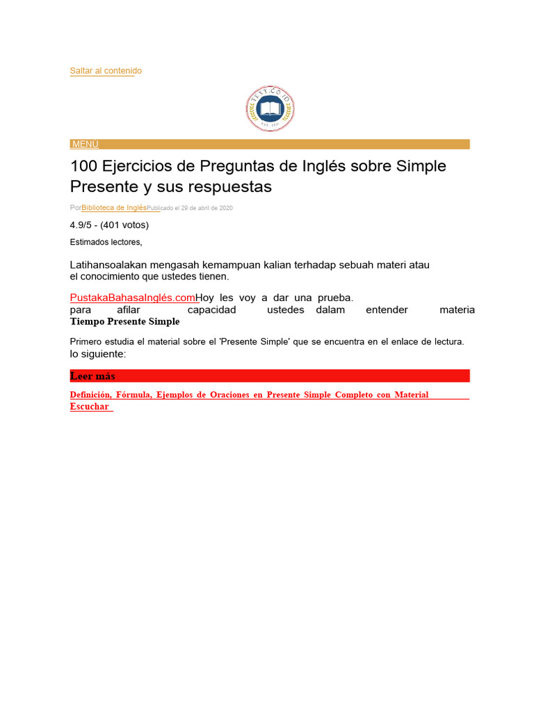 Ejercicio de Presente Simple | PDF