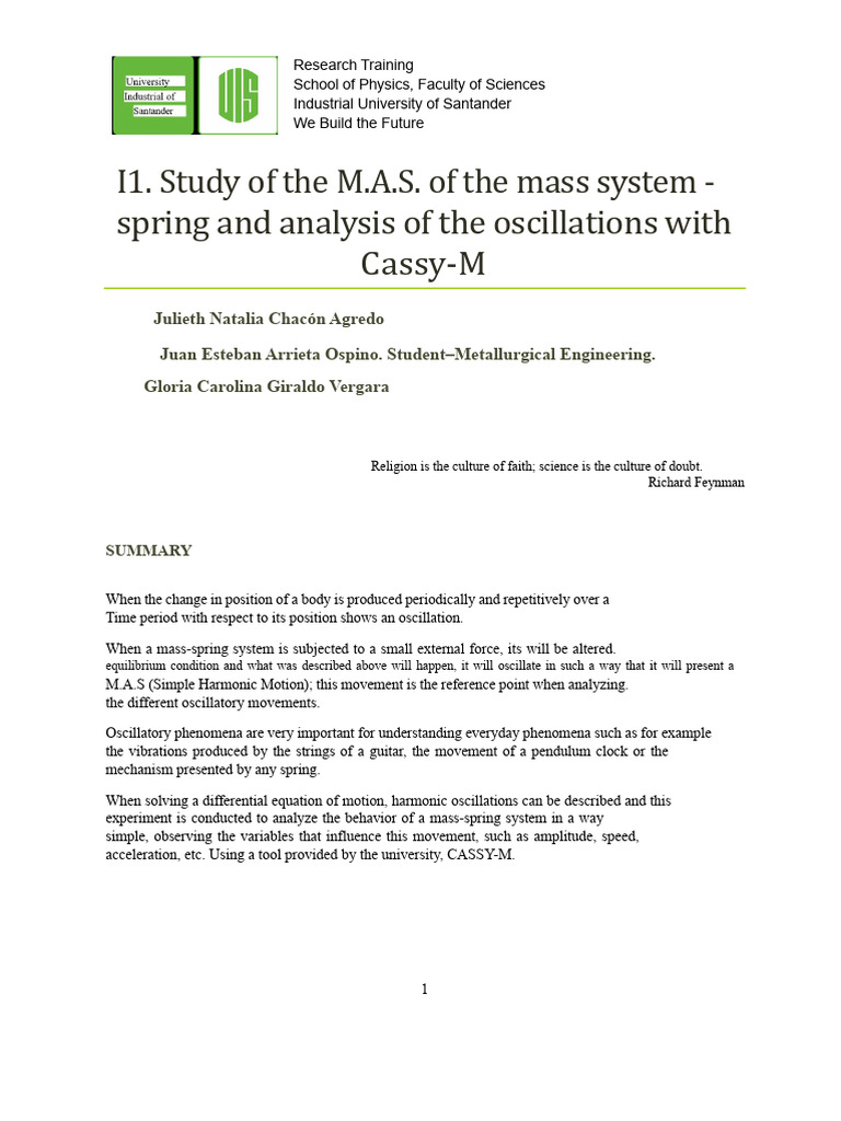 Report I1. Study of The M.a.S. of The Mass-Spring System and Analysis ...