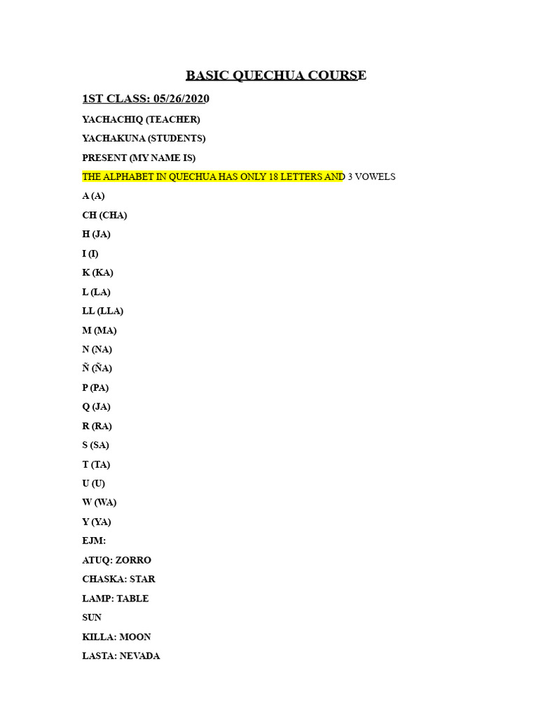Basic Quechua Language Course Guide | PDF | Languages | Foreign ...