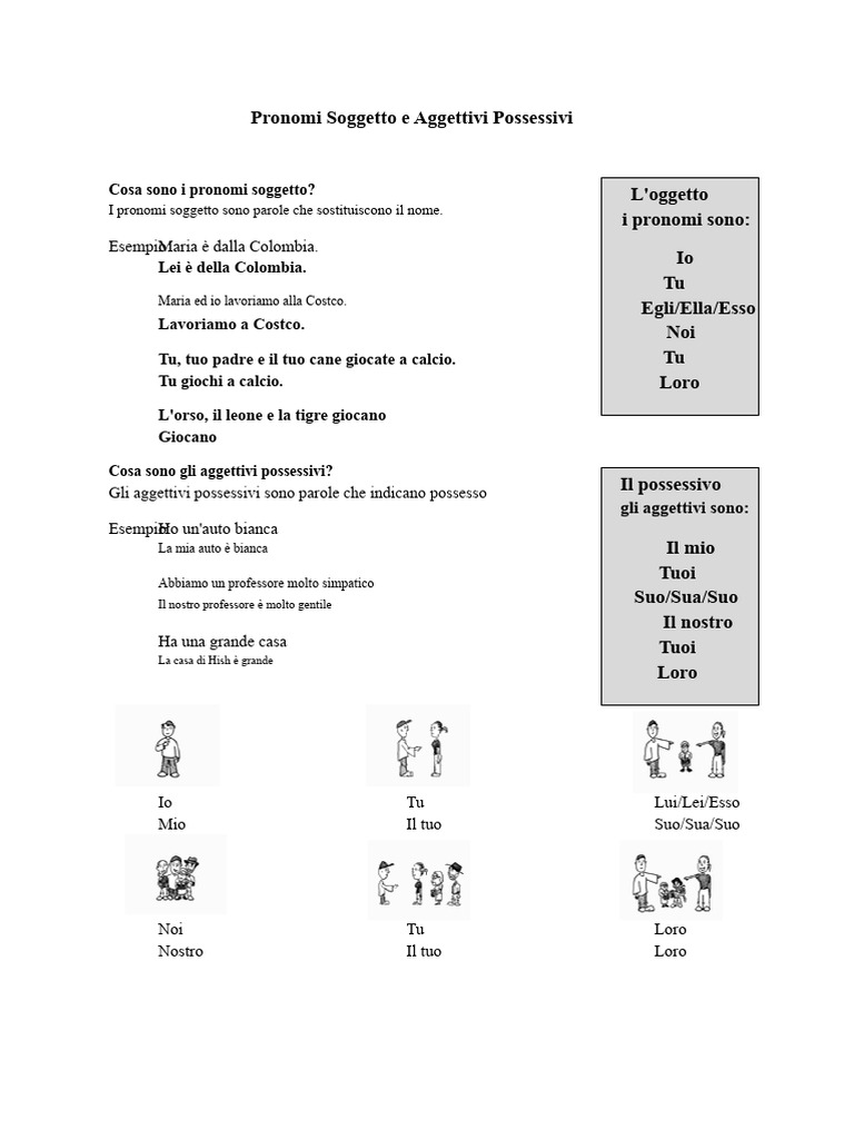 Pronome Soggetto e Aggettivi Possessivi | PDF