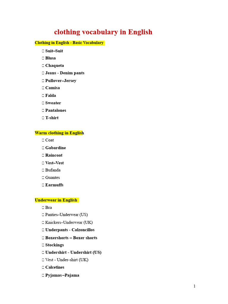 English Clothing Vocabulary Guide | PDF | Clothing | Sneakers
