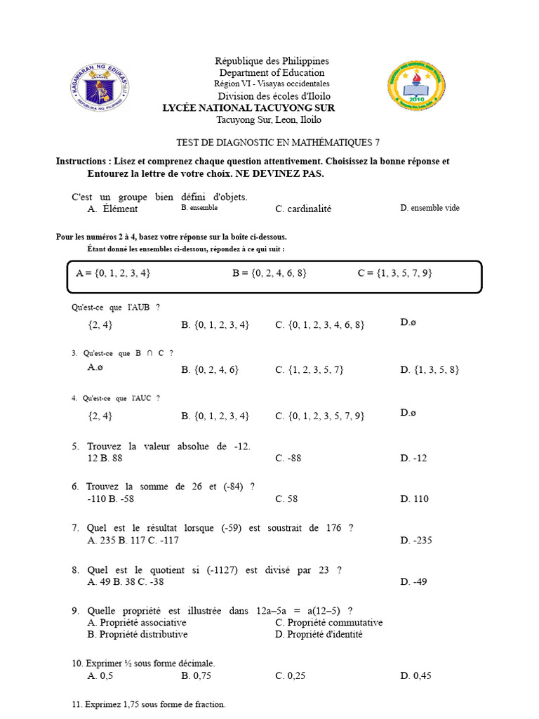 Test de diagnostic en mathématiques 7 | PDF | Mathématiques