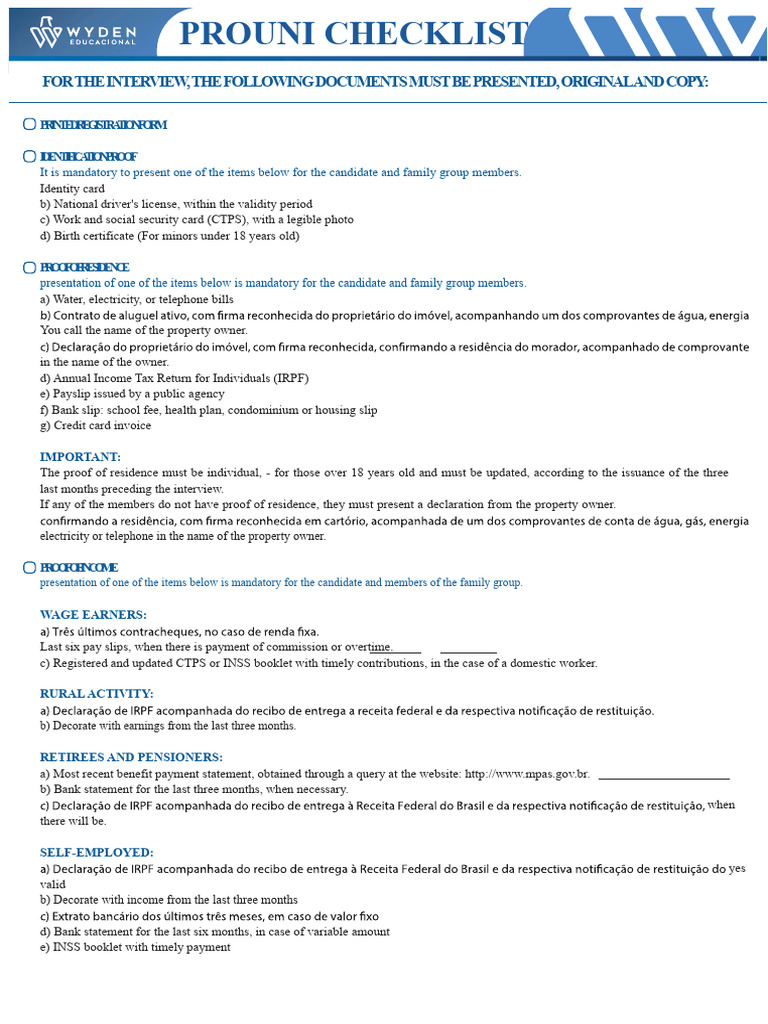 Prouni Wyden Checklist | PDF | Identity Document | Government Finances