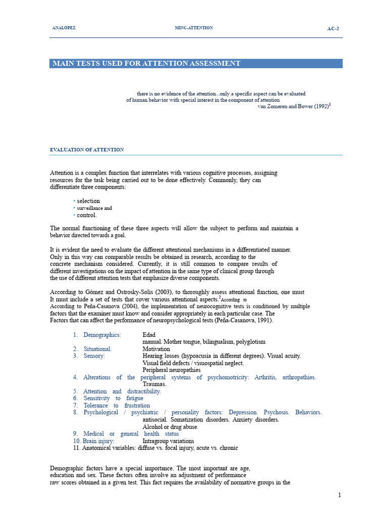 Attention Assessment Tests Overview | PDF | Attention | Mental Chronometry