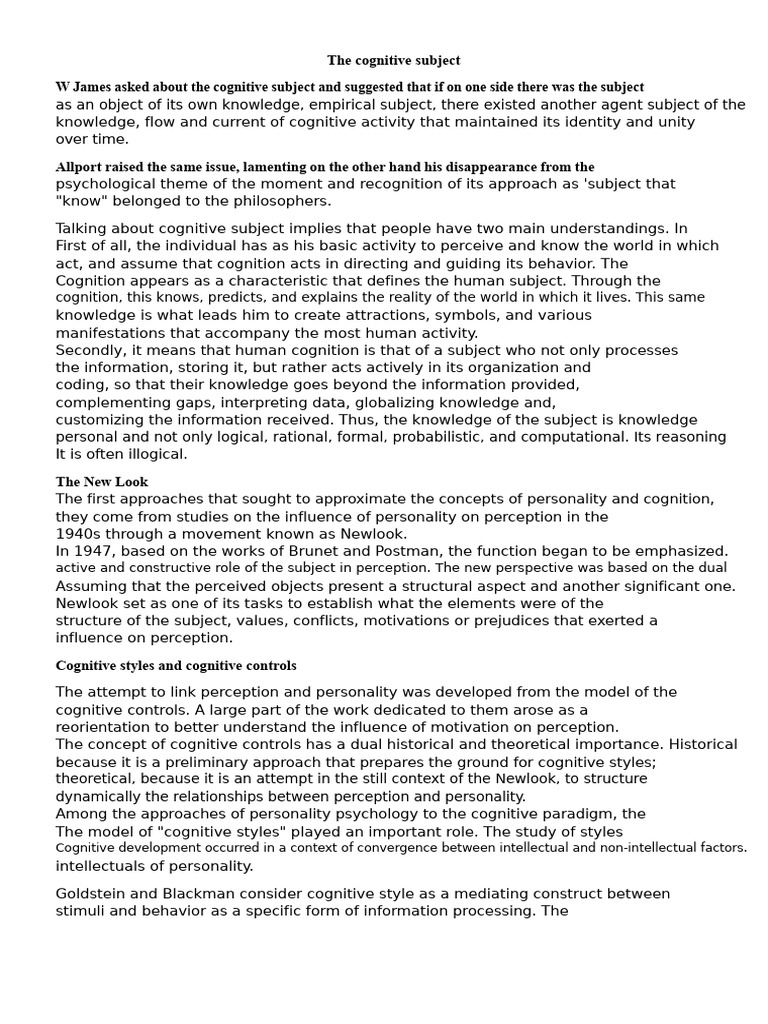 The Cognitive Subject | PDF | Cognition | Knowledge
