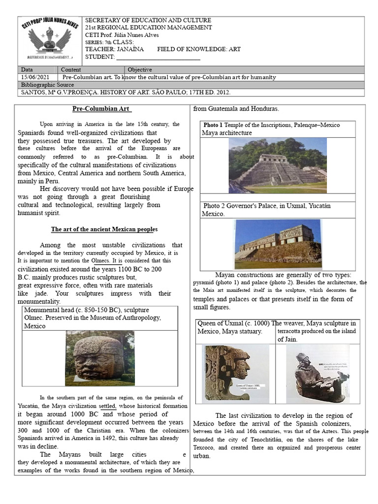 Pre-Columbian Art 7th Grade June 15 | PDF | Pre Columbian Era | Maya ...