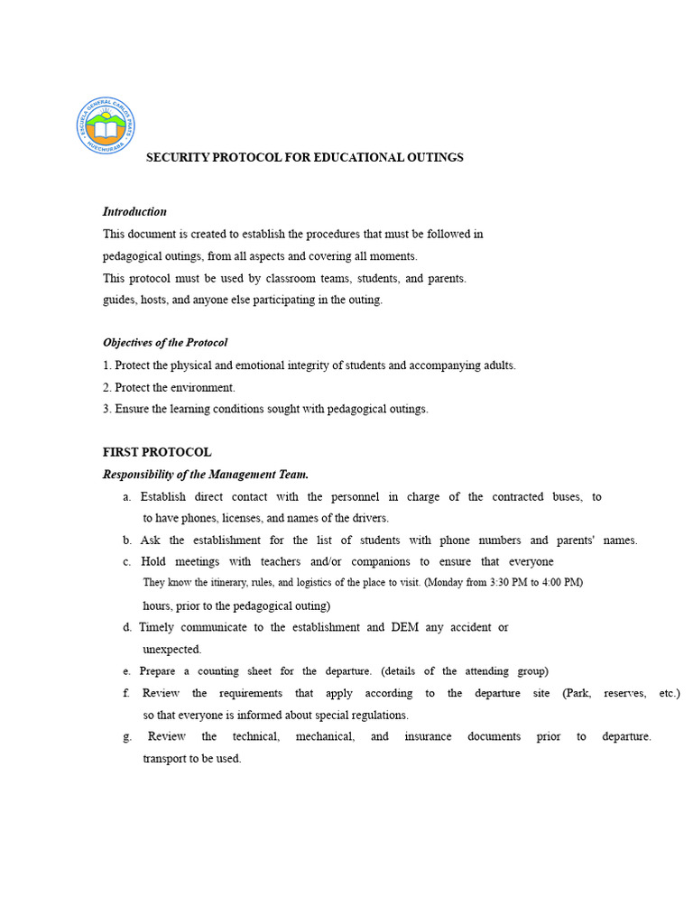 Security Protocol For Educational Outings | PDF | First Aid | Teachers