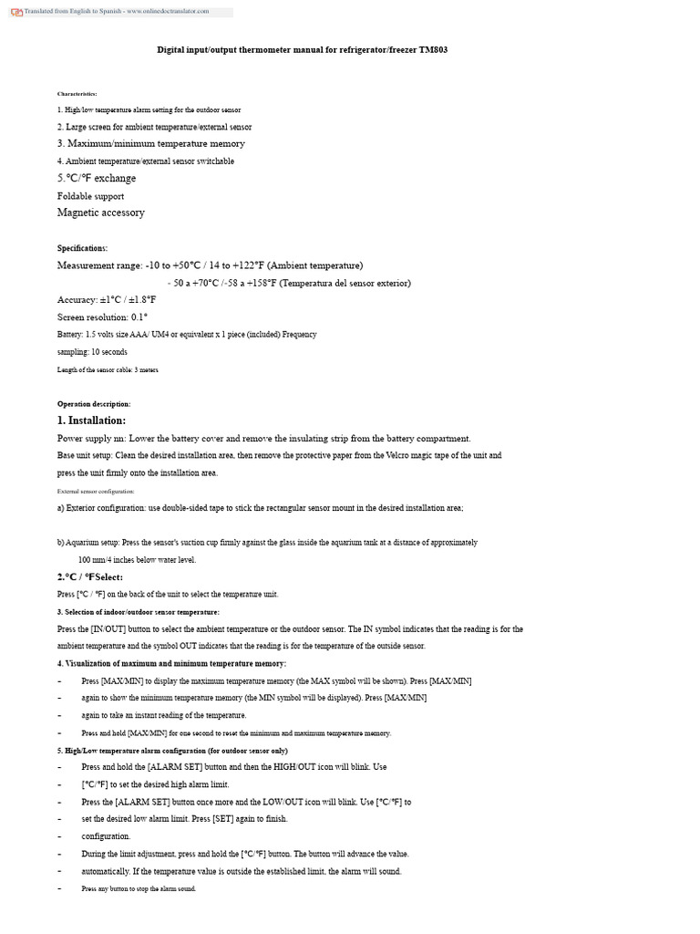 TM803 Thermometer Manual: Setup & Features | PDF | Refrigerator | Celsius
