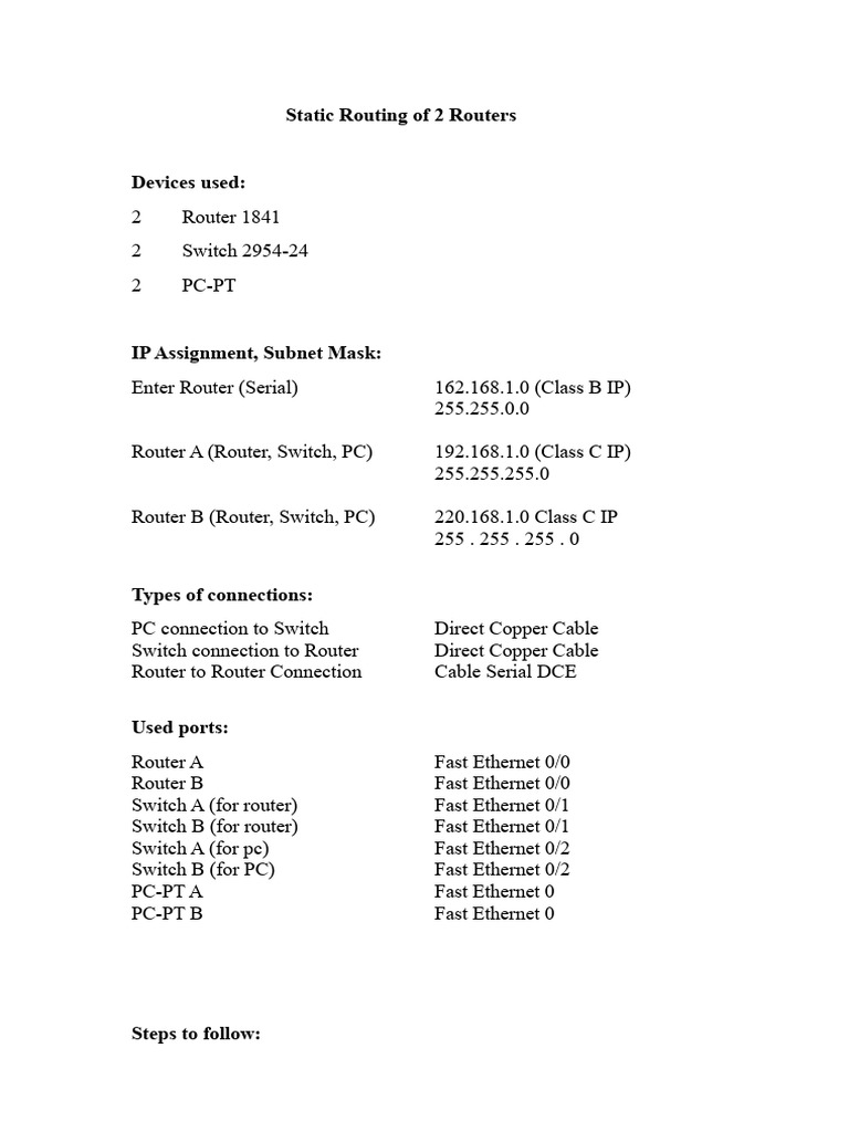 Static Routing Exercise | PDF | Ip Address | Network Switch