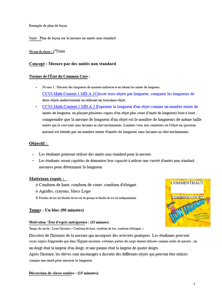 Plan de leçon : Mesure non standard en 1ère | PDF