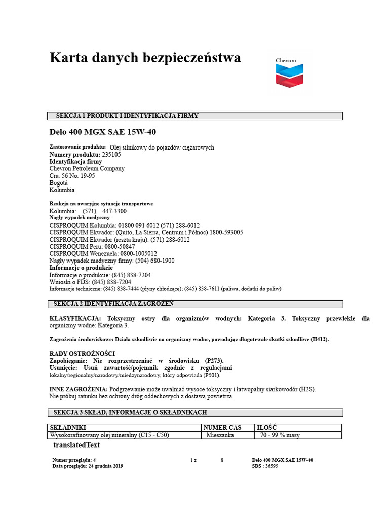 Karta Bezpieczeństwa Chevron Delo 400 MGX 15W40 | PDF