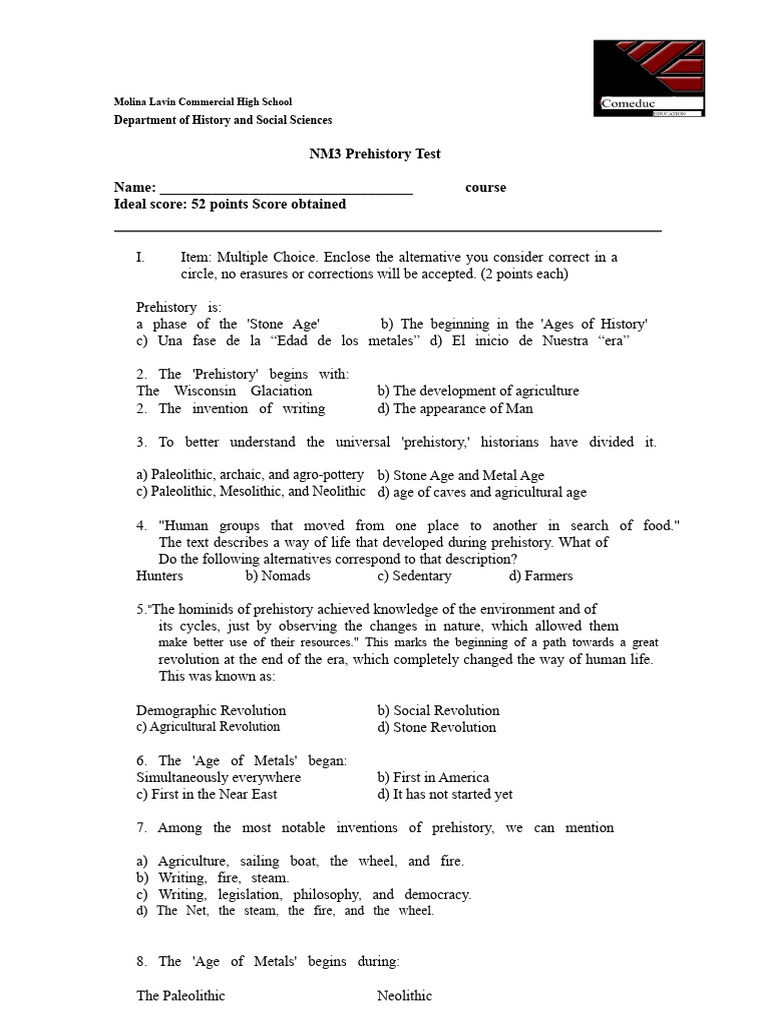 Prehistoric Test | PDF | Paleolithic | Neolithic