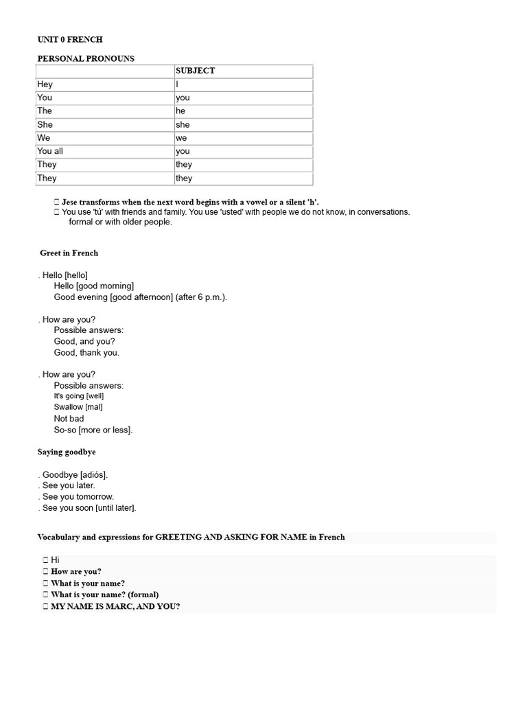 Unit 0 French 1 ESO | PDF | French Language | Grammatical Gender