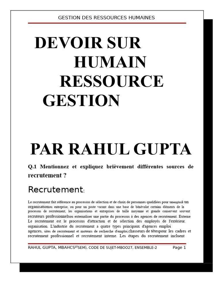 Devoir Sur La Gestion Des Ressources Humaines | PDF | Recrutement ...