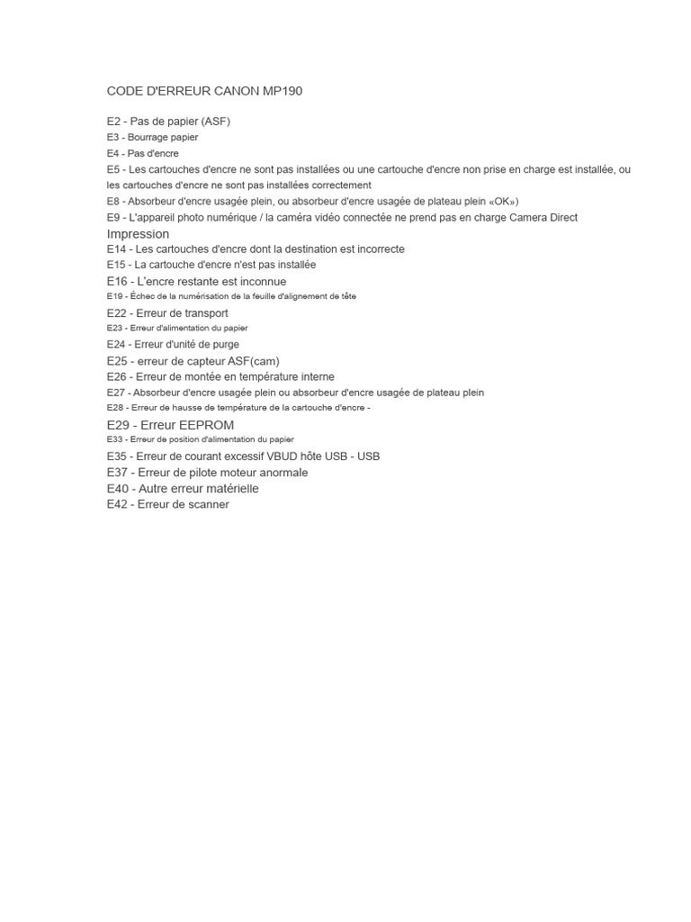 Code D'erreur Canon Mp190 | PDF