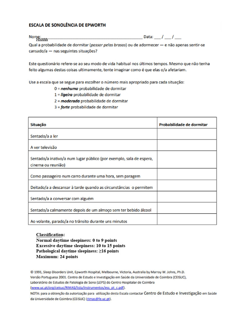 Epworth Sleepiness Scale | PDF