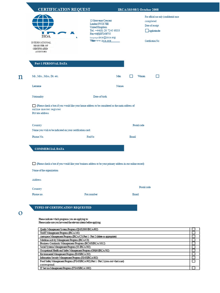 Request Document For Irca Auditor | PDF | Audit