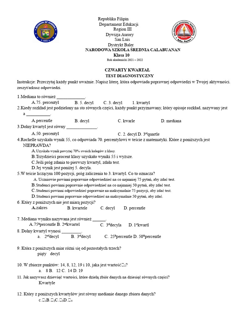 Matematyka - Test Diagnostyczny Na 4. Kwartal | PDF