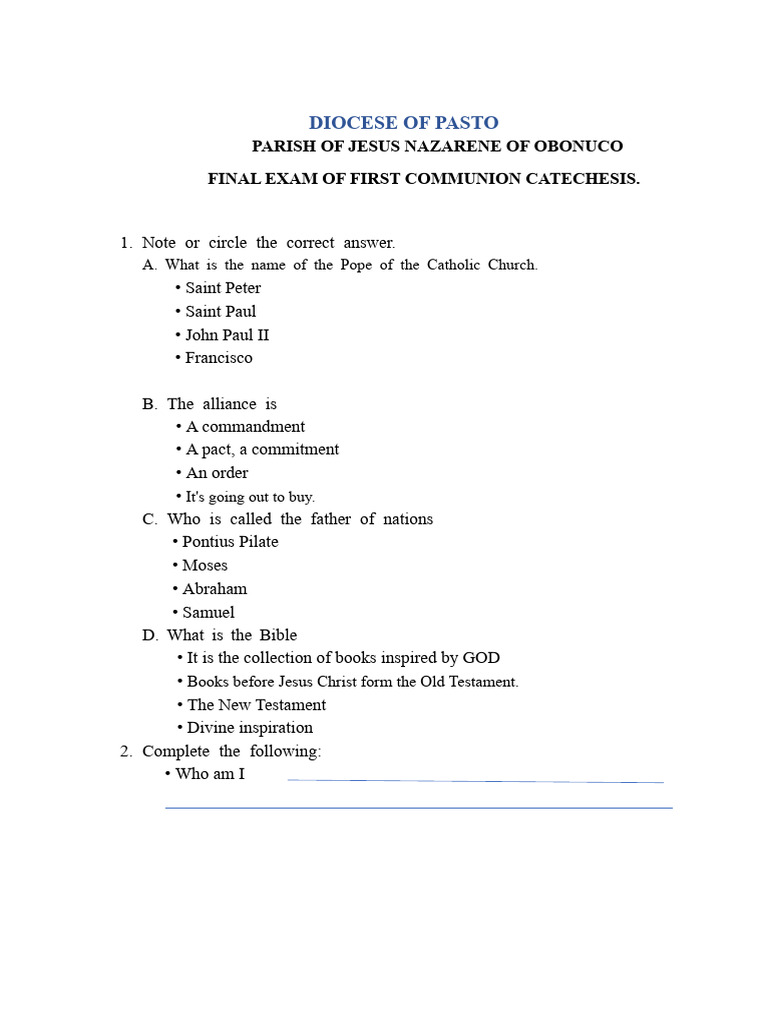 Diocese of Pasto Communion Exam | PDF