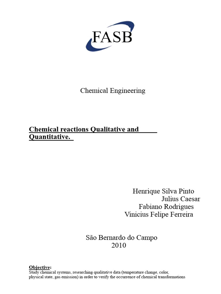 Chemical Reactions, Qualitative and Quantitative Aspects PDF | PDF ...