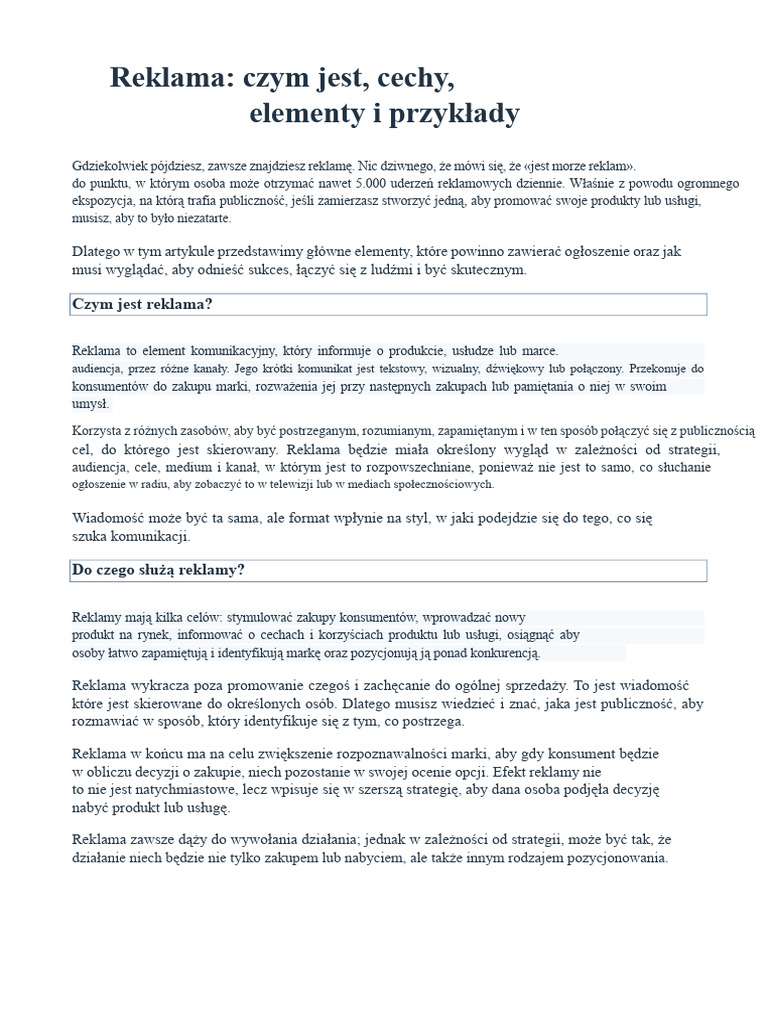 Reklama - Co To Jest, Cechy, Elementy I Przykłady | PDF