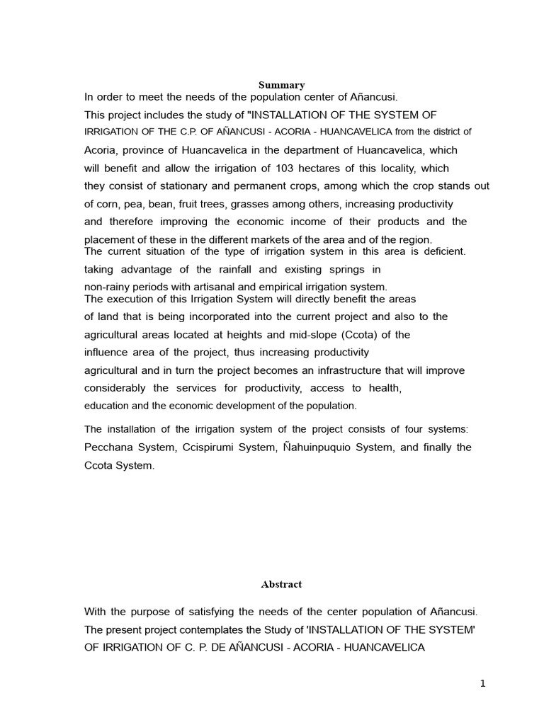 Irrigation System Project for Añancusi | PDF | Soil | Irrigation