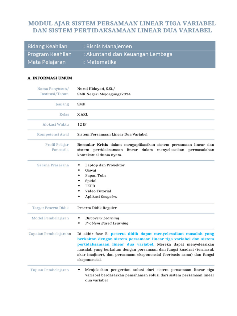 Modul Ajar Matematika - Modul Ajar SPLTV Dan SPtLDV - Fase E - XvW9pygZ98 | PDF