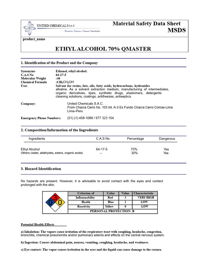 Ethyl Alcohol 70% MSDS Guide | PDF | Ethanol | Dangerous Goods