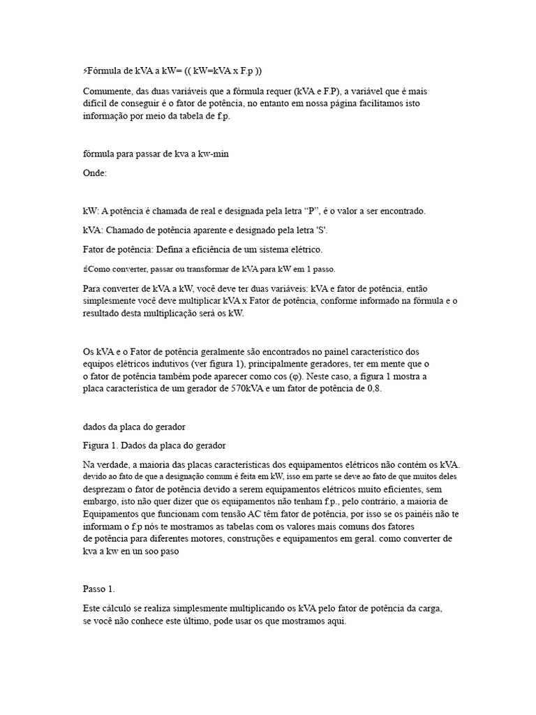 Conversão de kVA para kW Simplificada | PDF | Potência (Física ...