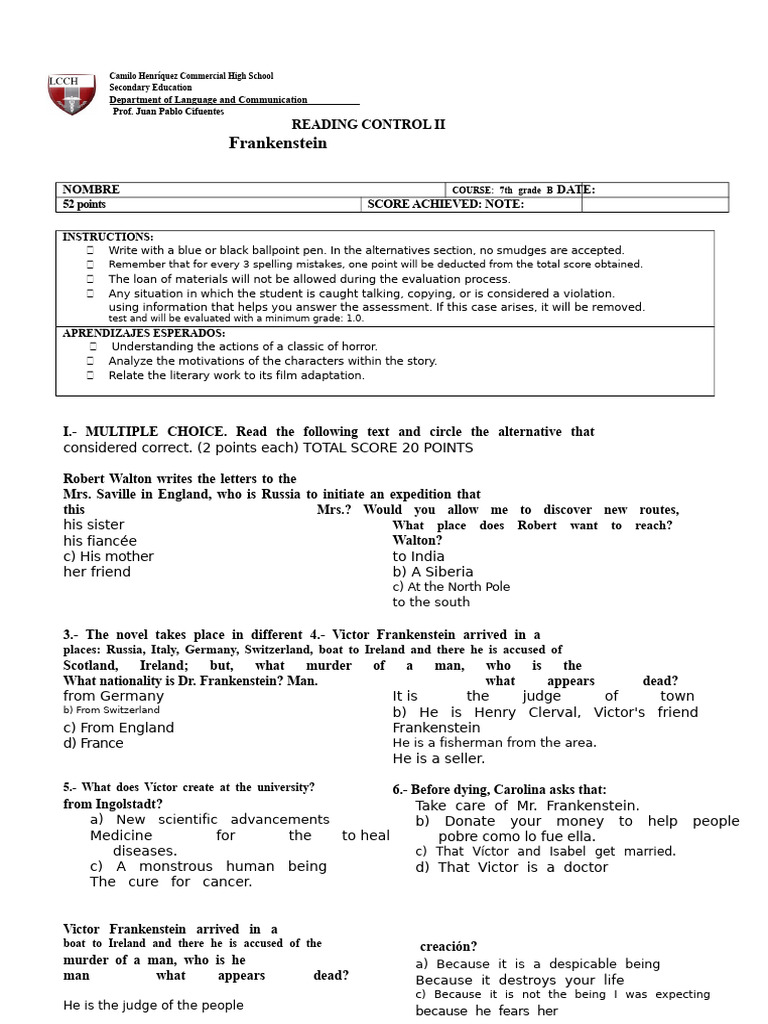 Frankenstein | PDF | Frankenstein | Multiple Choice