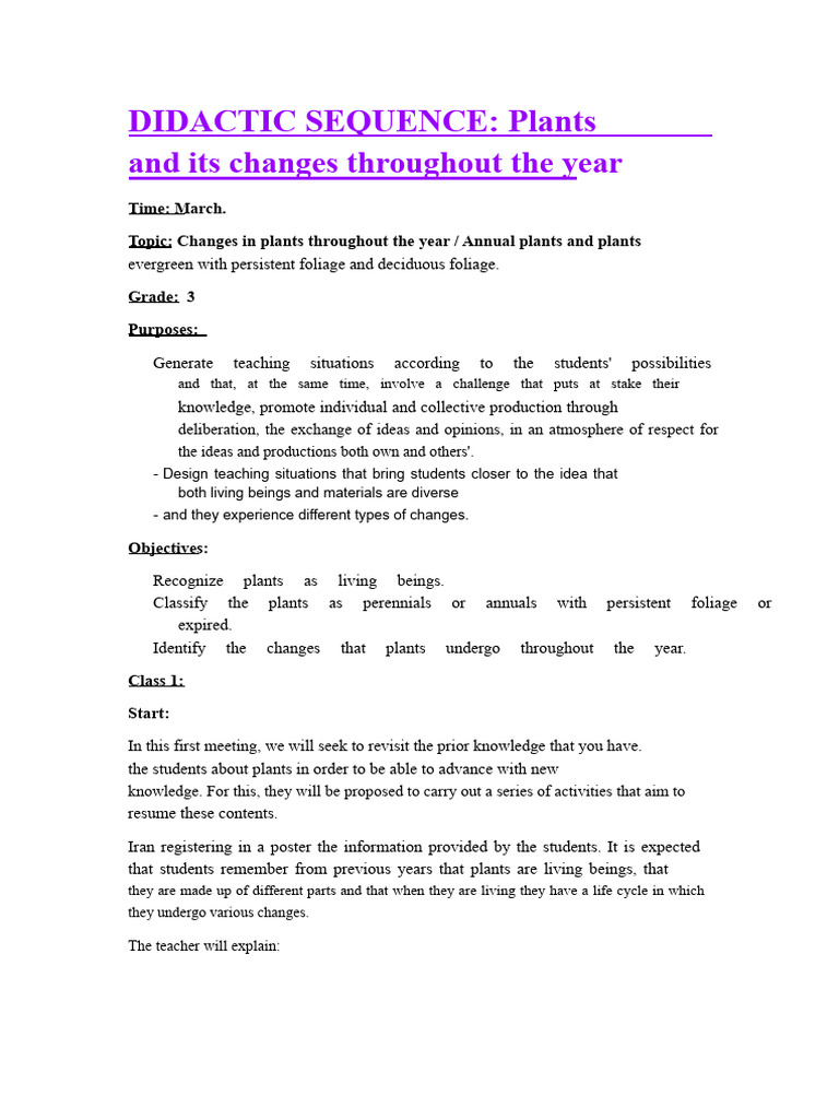 Didactic Sequence. Changes in Plants Throughout The Year (Annual and ...