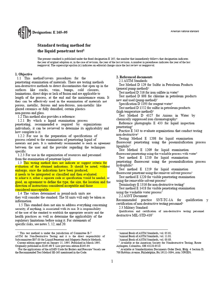E165-95 Standard Test Method For Liquid Penetrant Examination | PDF ...