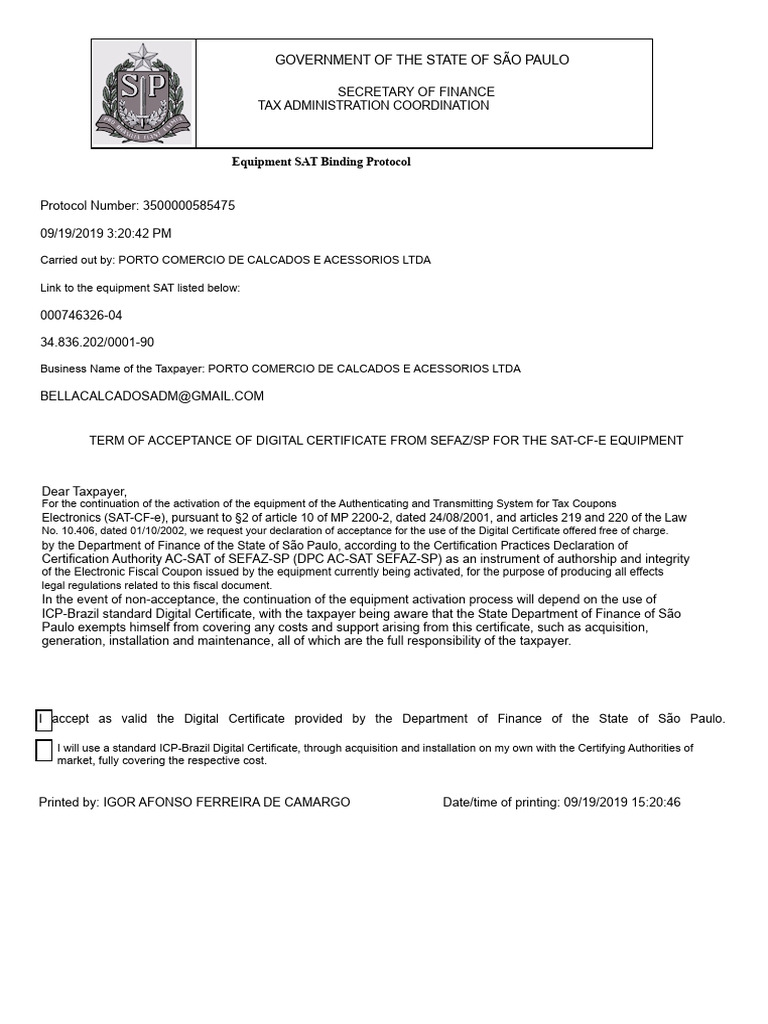 Declaration of Possession of SAT Equipment | PDF