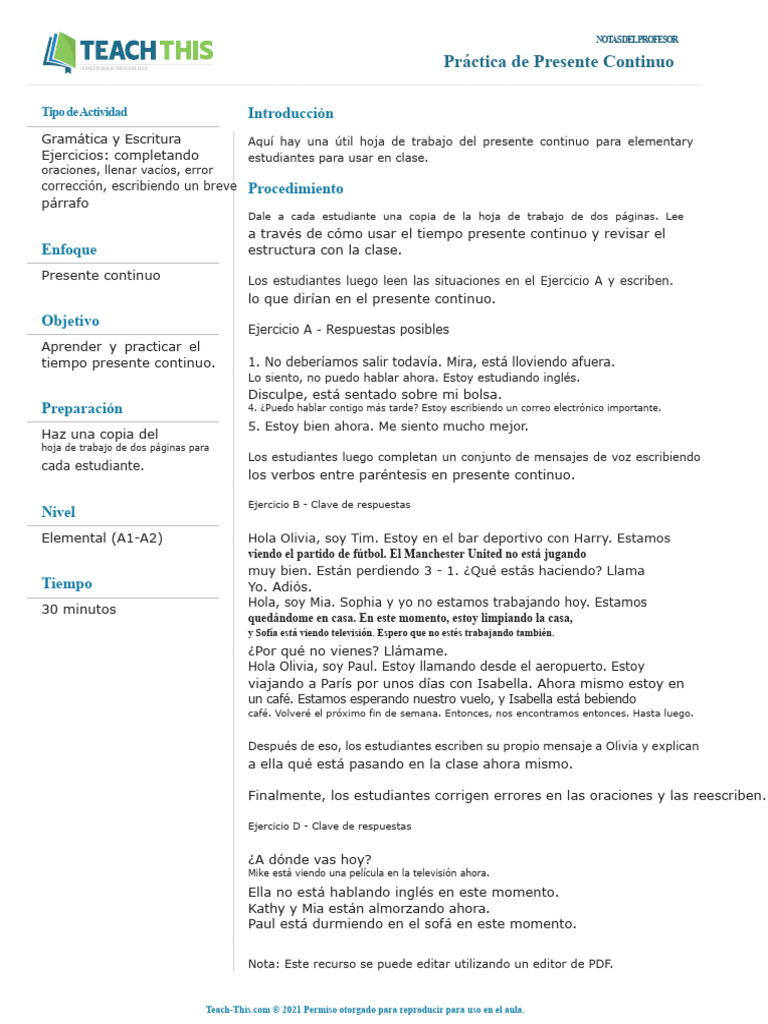 Práctica Del Presente Continuo | PDF