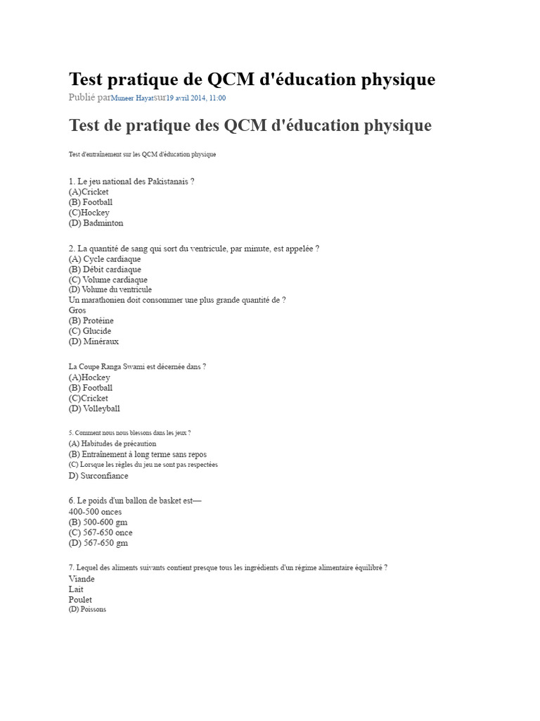 QCM d'Éducation Physique : Test Pratique | PDF | Muscle
