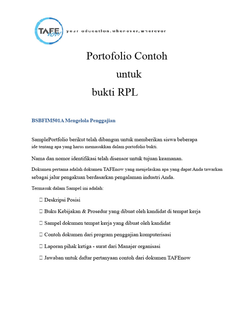 Portofolio Contoh Sebagai Bukti RPL | PDF