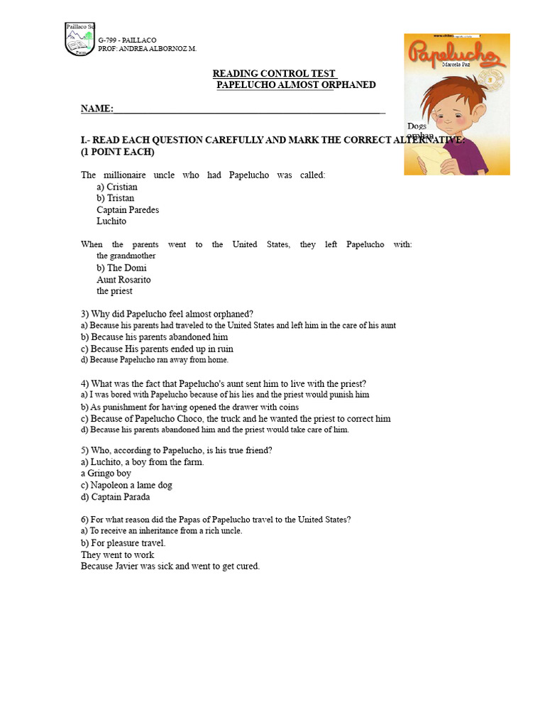 Test Papelucho Almost Orphan | PDF