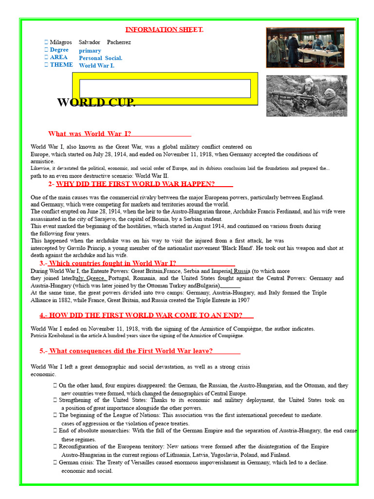 Information Sheet On World War I | PDF | World War I | German Empire