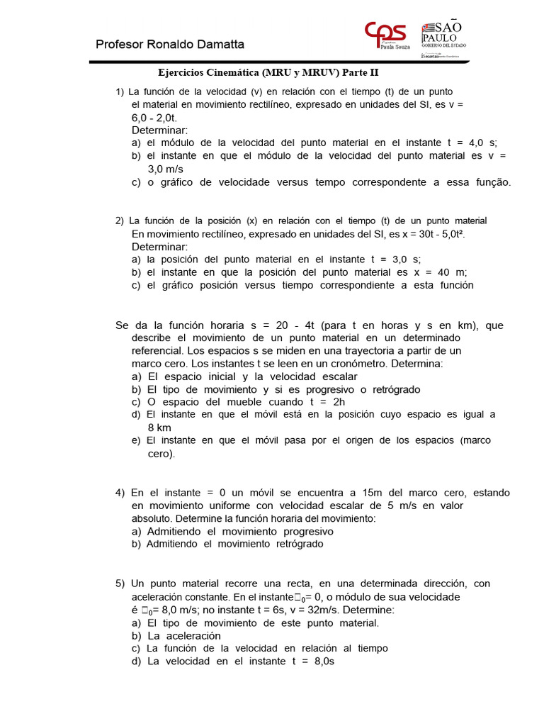 Ejercicios Cinemática (MRU y MRUV) Parte II | PDF | Velocidad | Aceleración
