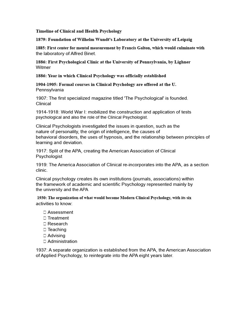 Timeline of Clinical and Health Psychology | PDF | Clinical Psychology | Psychology