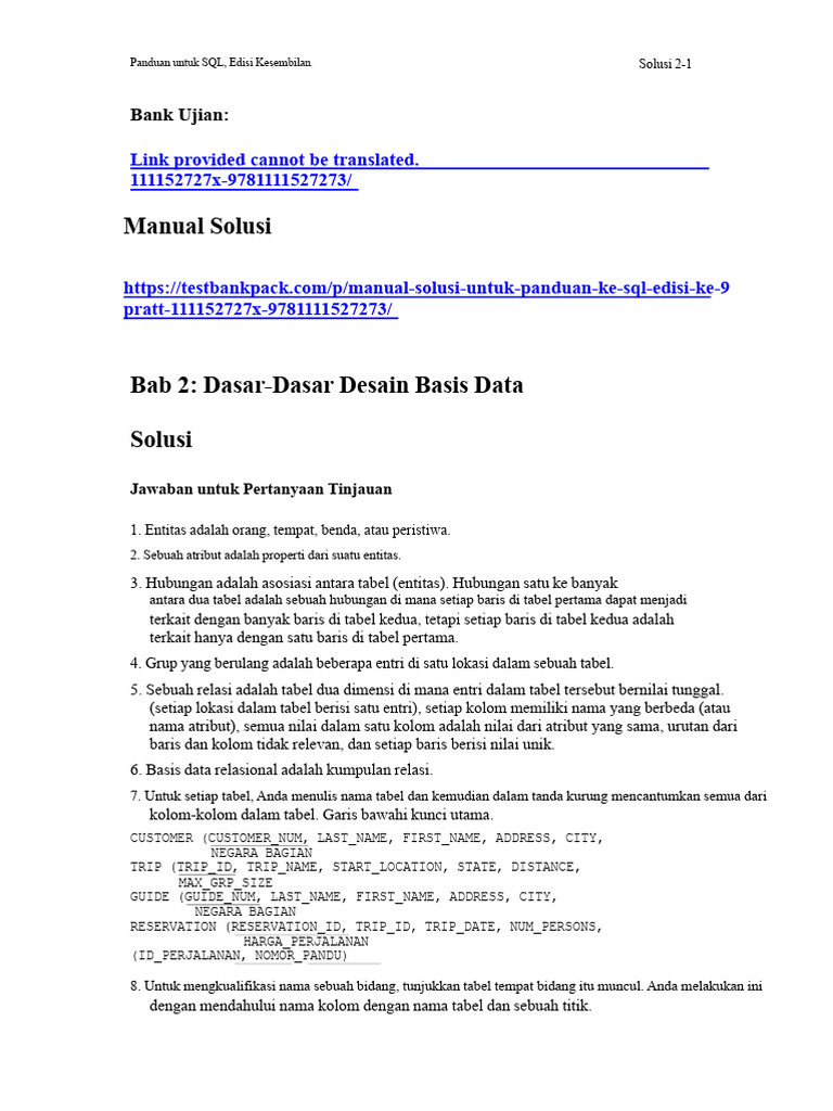 Panduan SQL Edisi Ke-9 Oleh Pratt Solusi Manual Terakhir | PDF