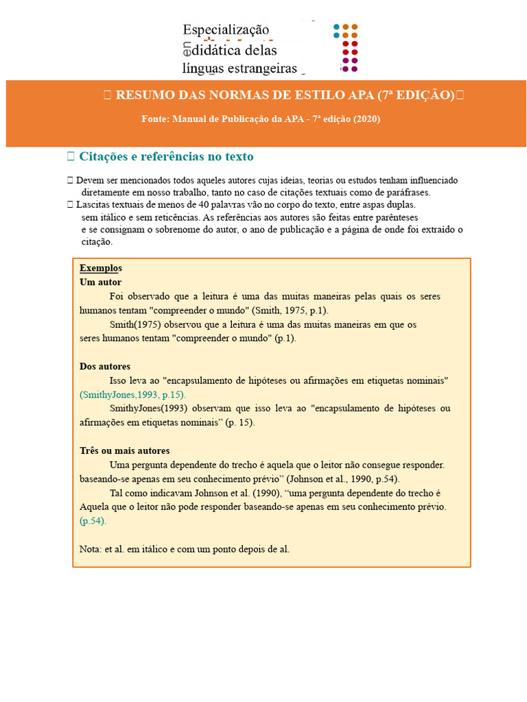 Resumo Das Normas de Estilo APA (7 Ed) | PDF | Citação | Comunicação humana