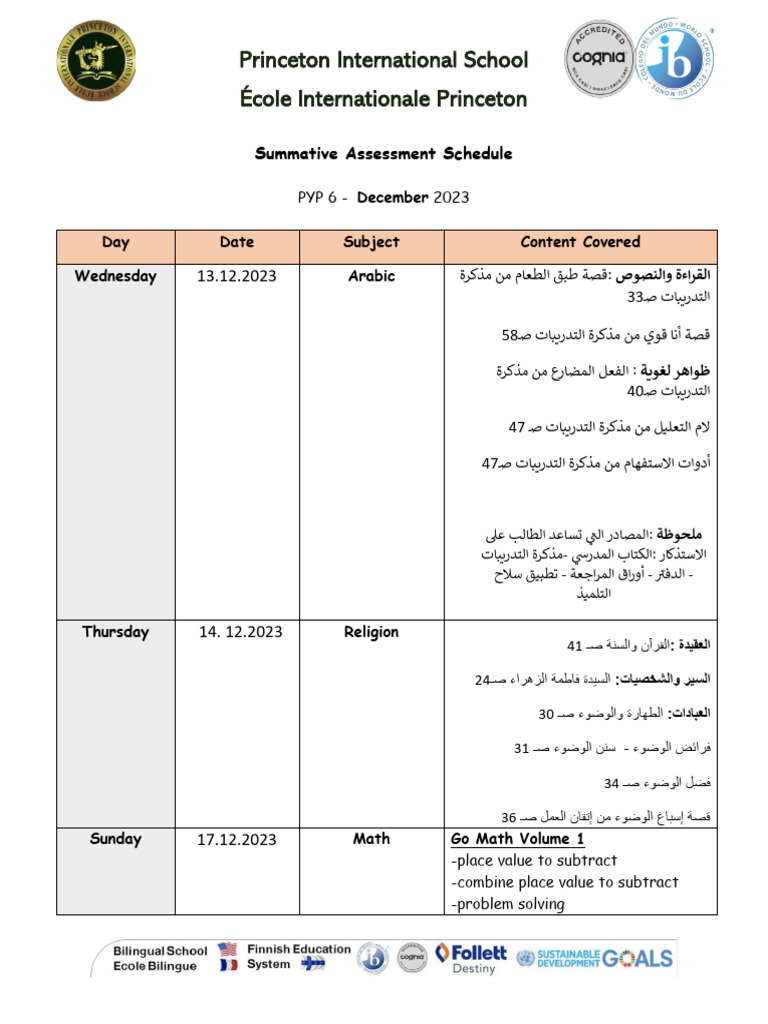 PYP 6 December's Summative Assessment Schedule & Material Covered | PDF