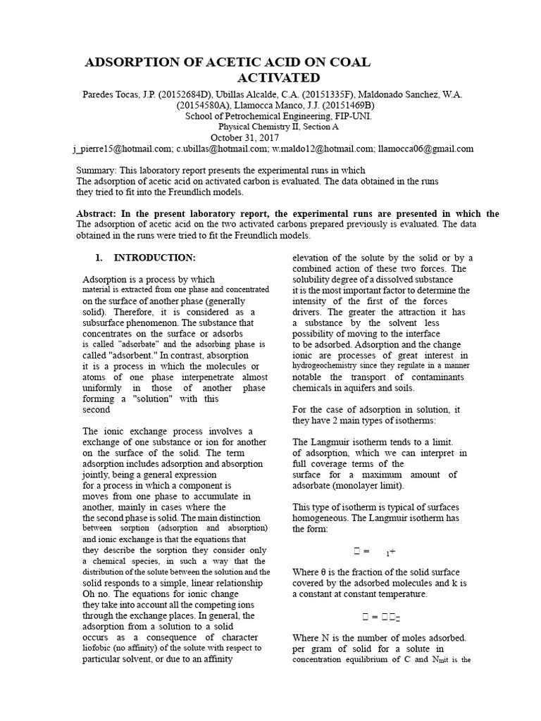 Adsorption of Acetic Acid On Activated Carbon | PDF | Adsorption | Materials