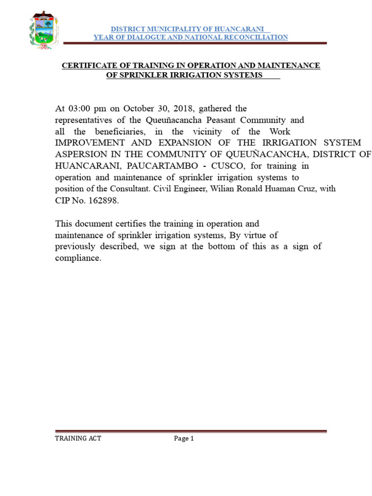 Sprinkler Irrigation Training Certificate | PDF