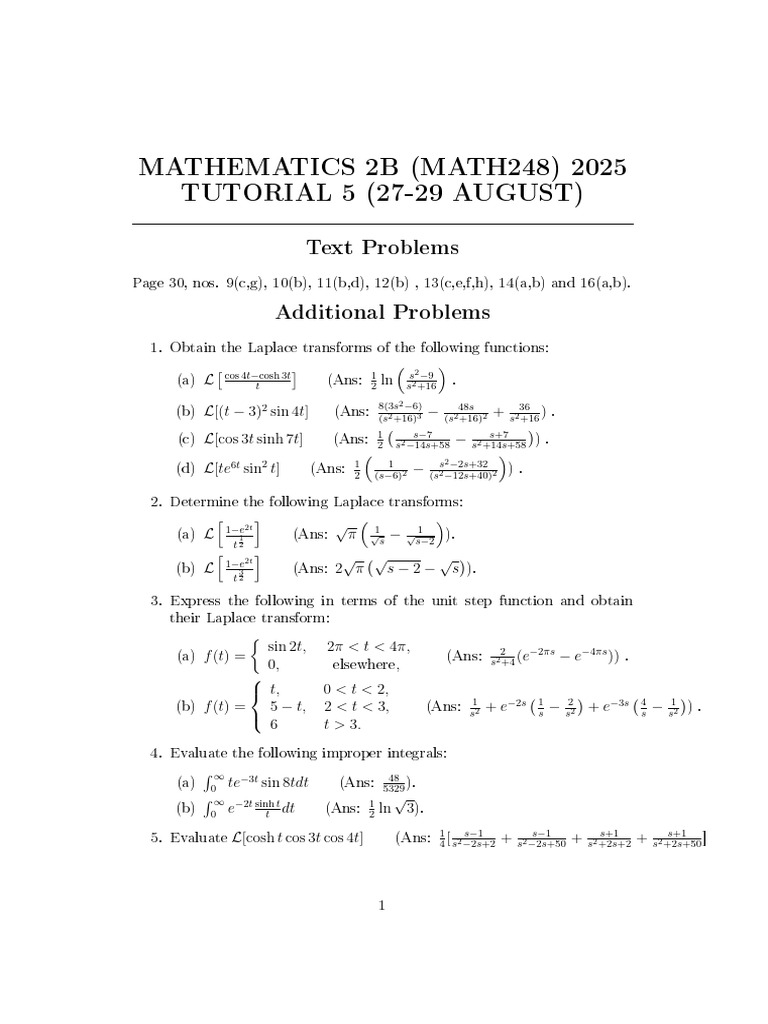 Tutorial 5 (Laplace Transform) | PDF | Special Functions | Calculus