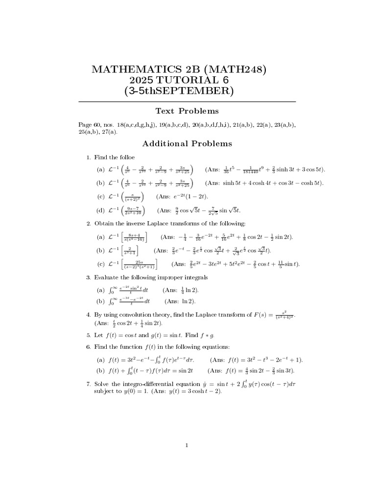 Tutorial 6 (Laplace Transform) | PDF | Mathematical Analysis | Mathematical Objects
