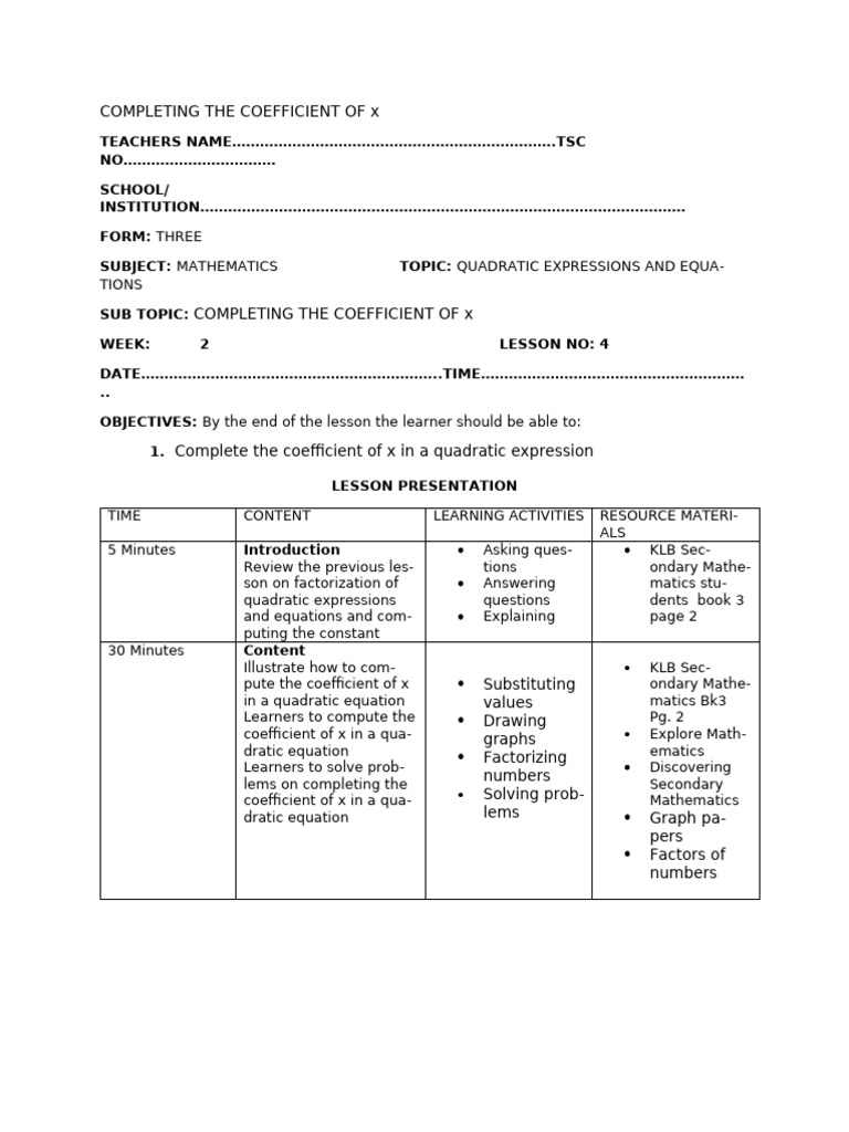 Completing The Coefficient of X | PDF | Quadratic Equation | Equations